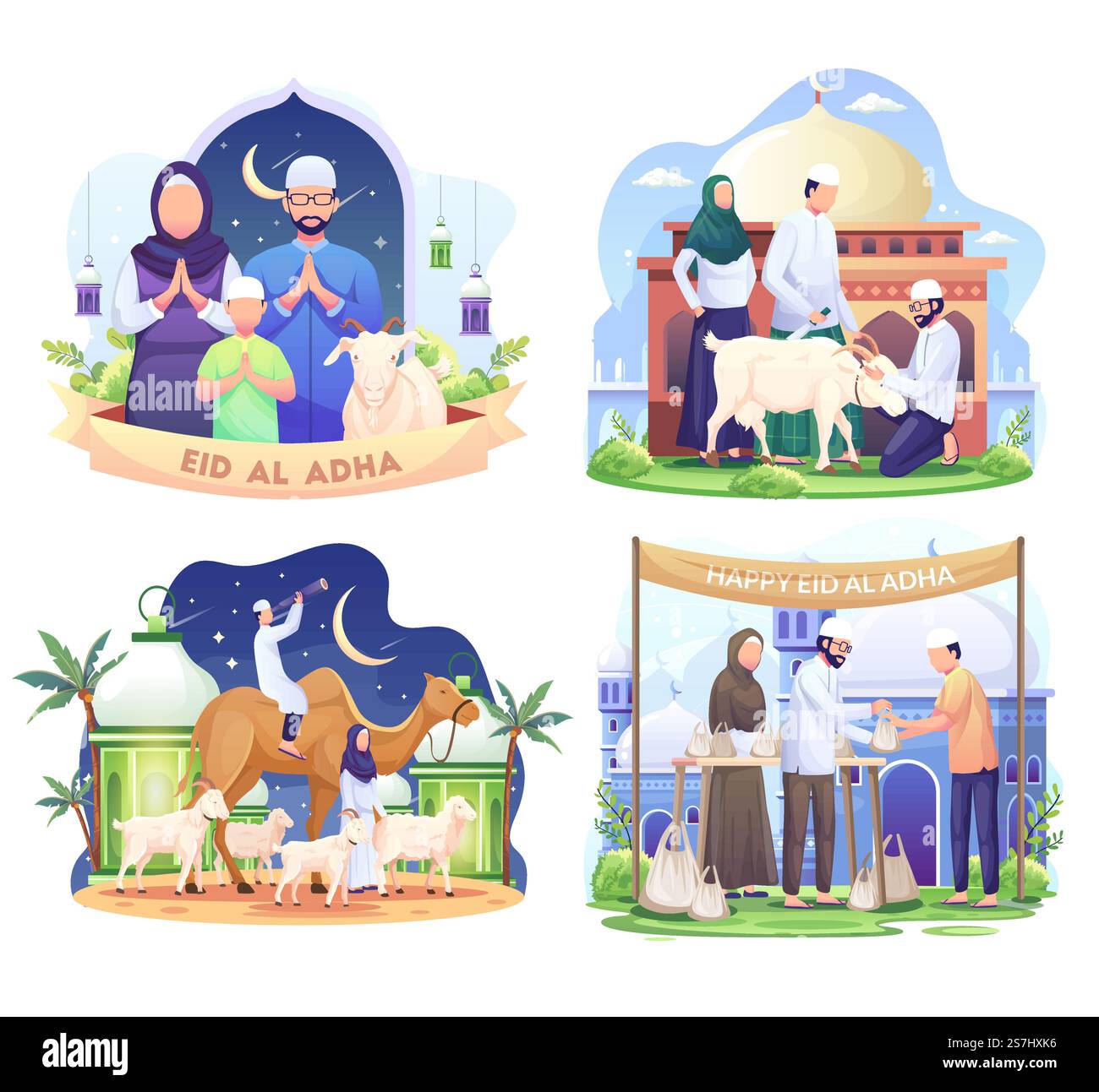 Set Bundle of Happy Muslim family celebrates Eid Al Adha Mubarak with a ...