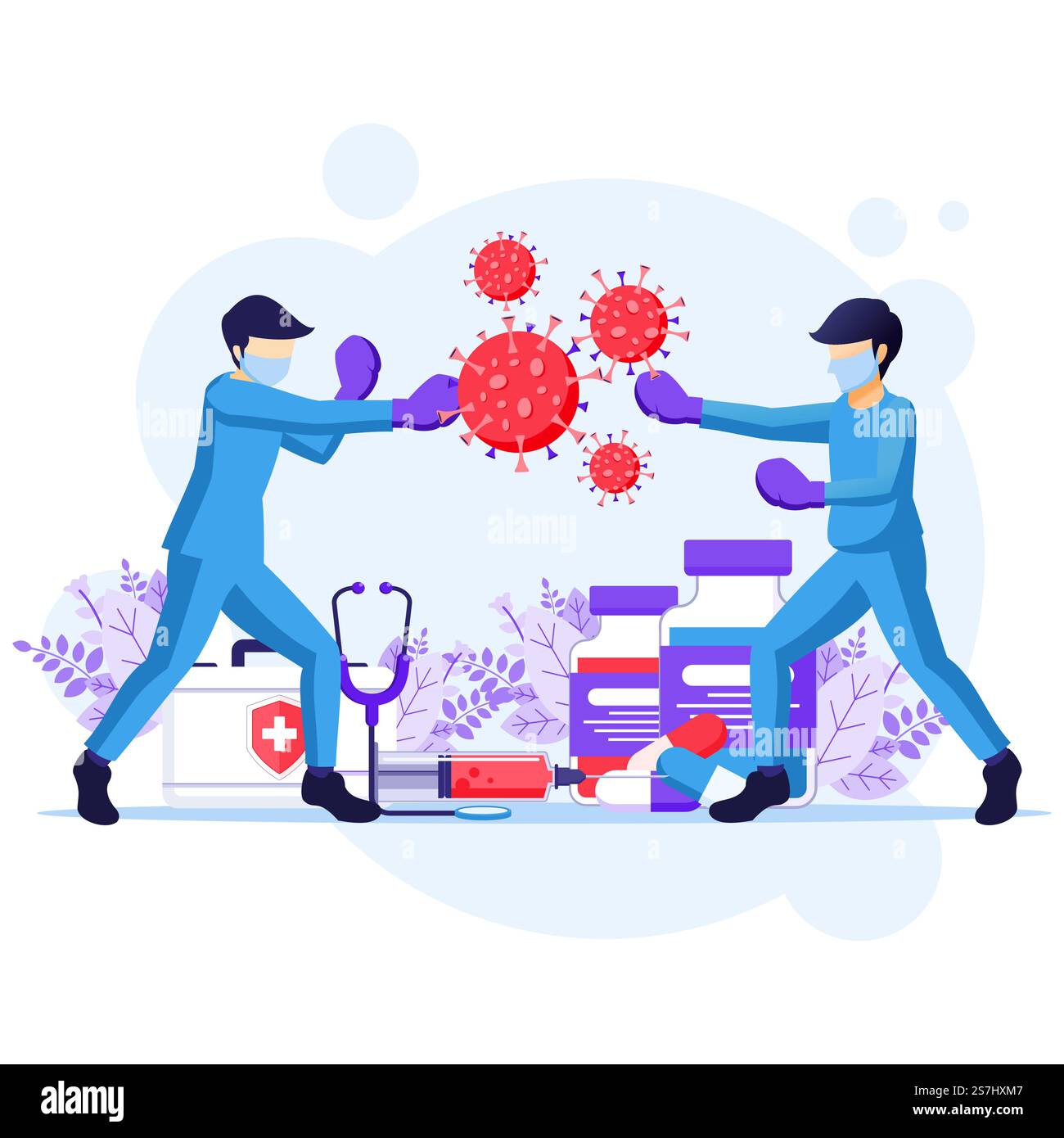 Fight the Virus Concept, Doctor and nurses use boxing gloves punch ...