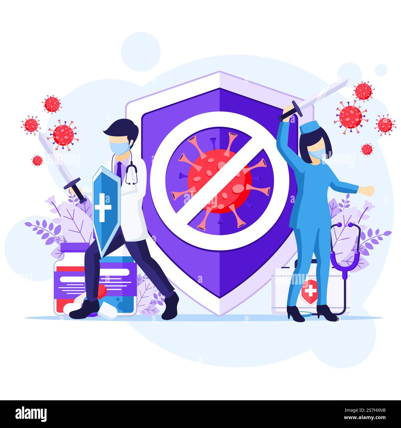 Fight the Virus Concept, Doctor and nurses use sword and shield to ...
