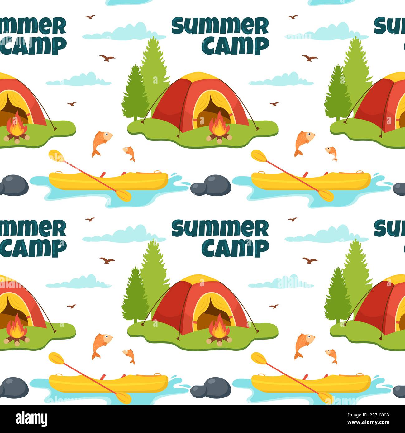 Summer Camp Seamless Pattern Design of Camping and Traveling Element in Template Hand Drawn ...