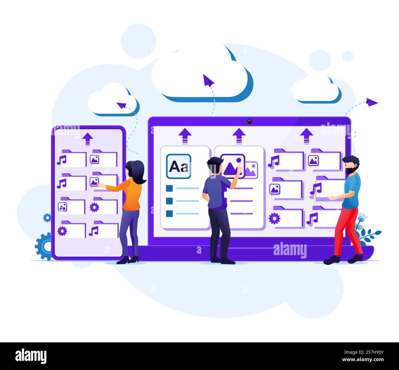 Cloud computing service concept, people work on giant devices, cloud ...
