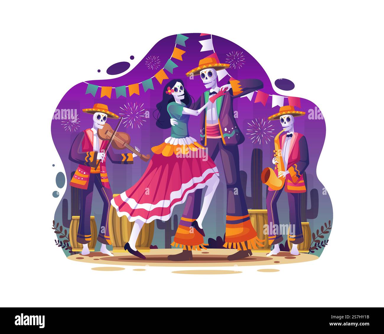 Couple of skulls dancing together to music in celebration of Dia De Los ...
