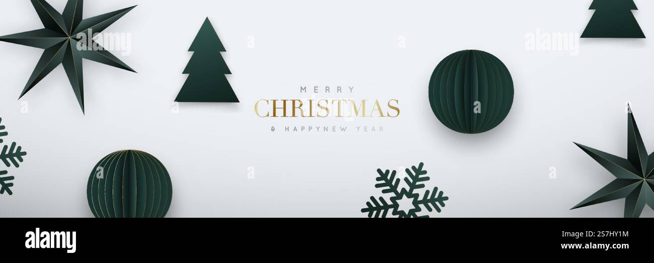 Christmas web banner. Green origami paper balls, stars, snowflakes ...