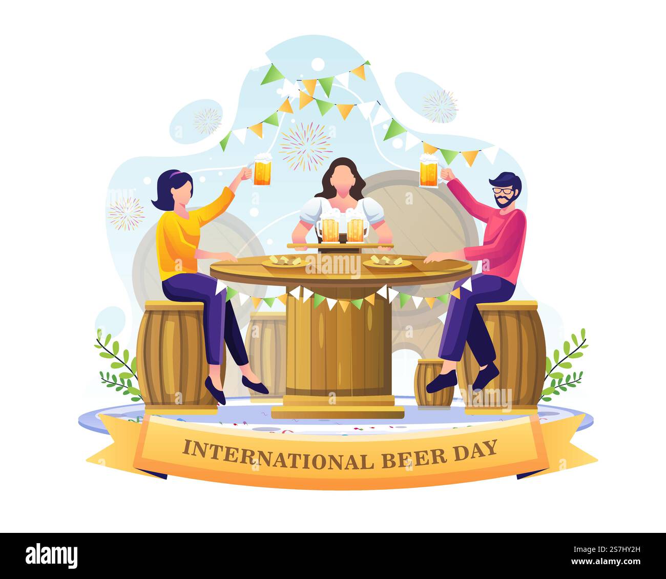People drinking beer in a bar to celebrate International Beer day. Flat ...