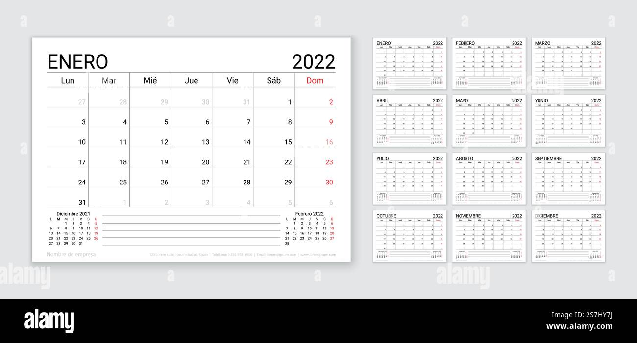 2022 Spanish calendar. Planner template. Table calender layout with 12 ...