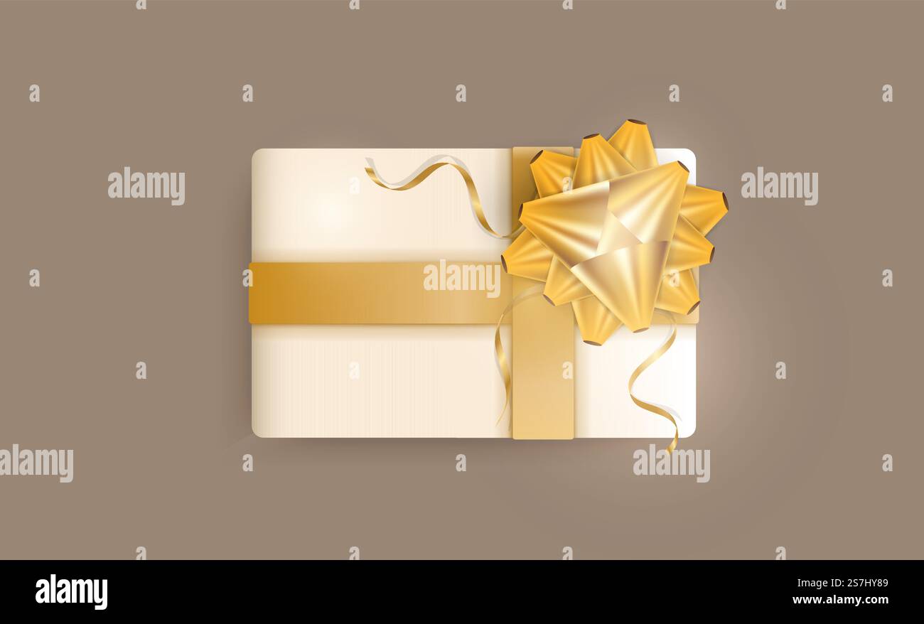 Realistic gift box with champagne color, gold ribbons and bow. Vector ...