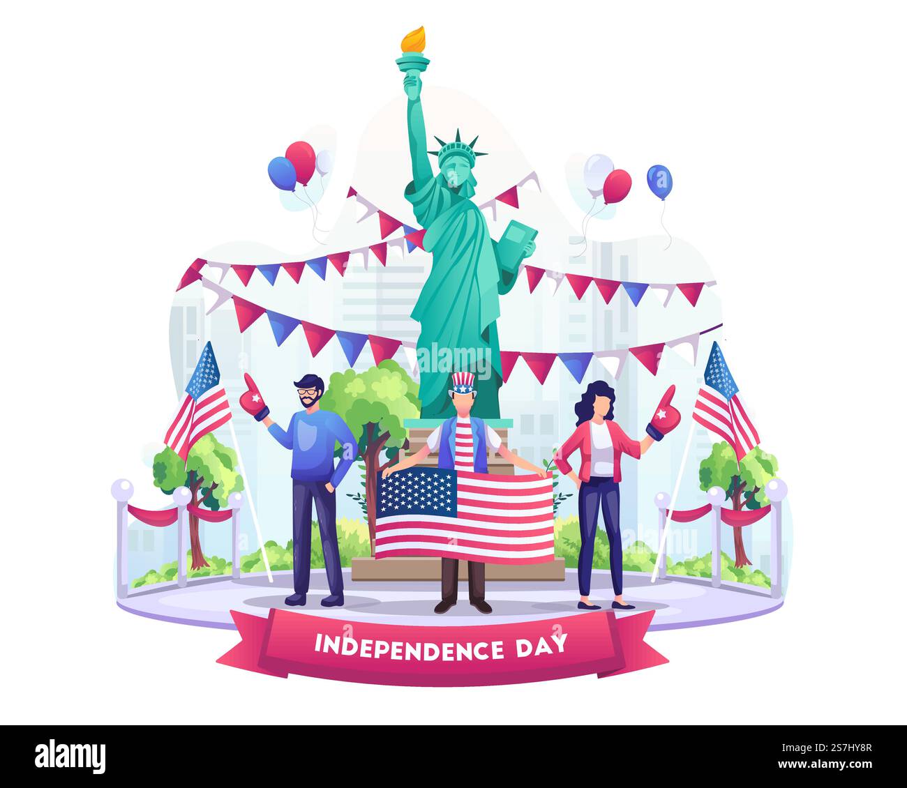 People celebrate US Independence Day with flags and balloons. Happy 4th ...