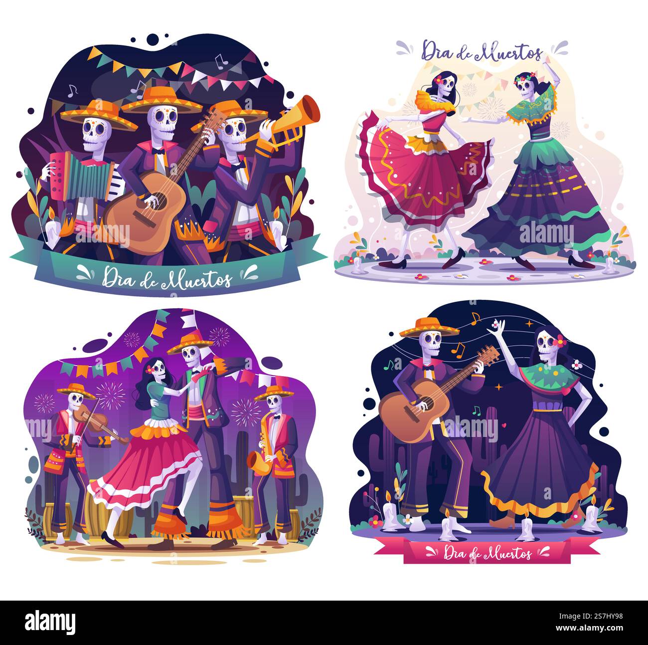 Set bundle of Dia De Muertos with Couple of skulls dancing together to ...