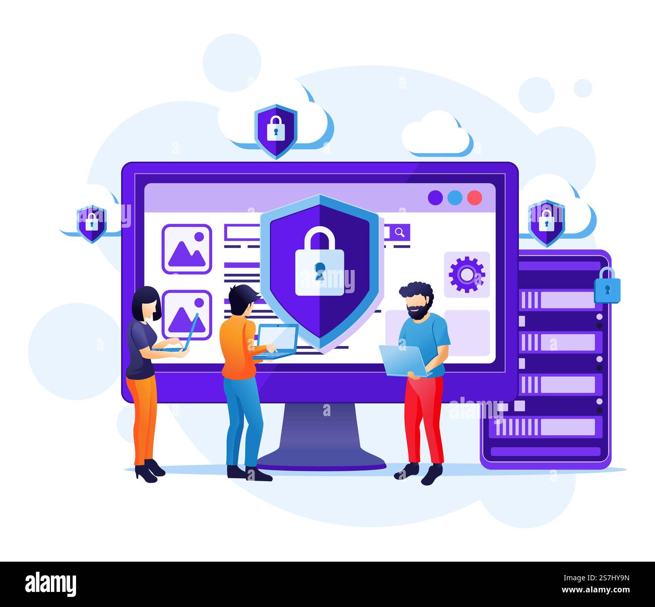 Cyber security concept, people work on screen protecting data and confidentiality vector ...