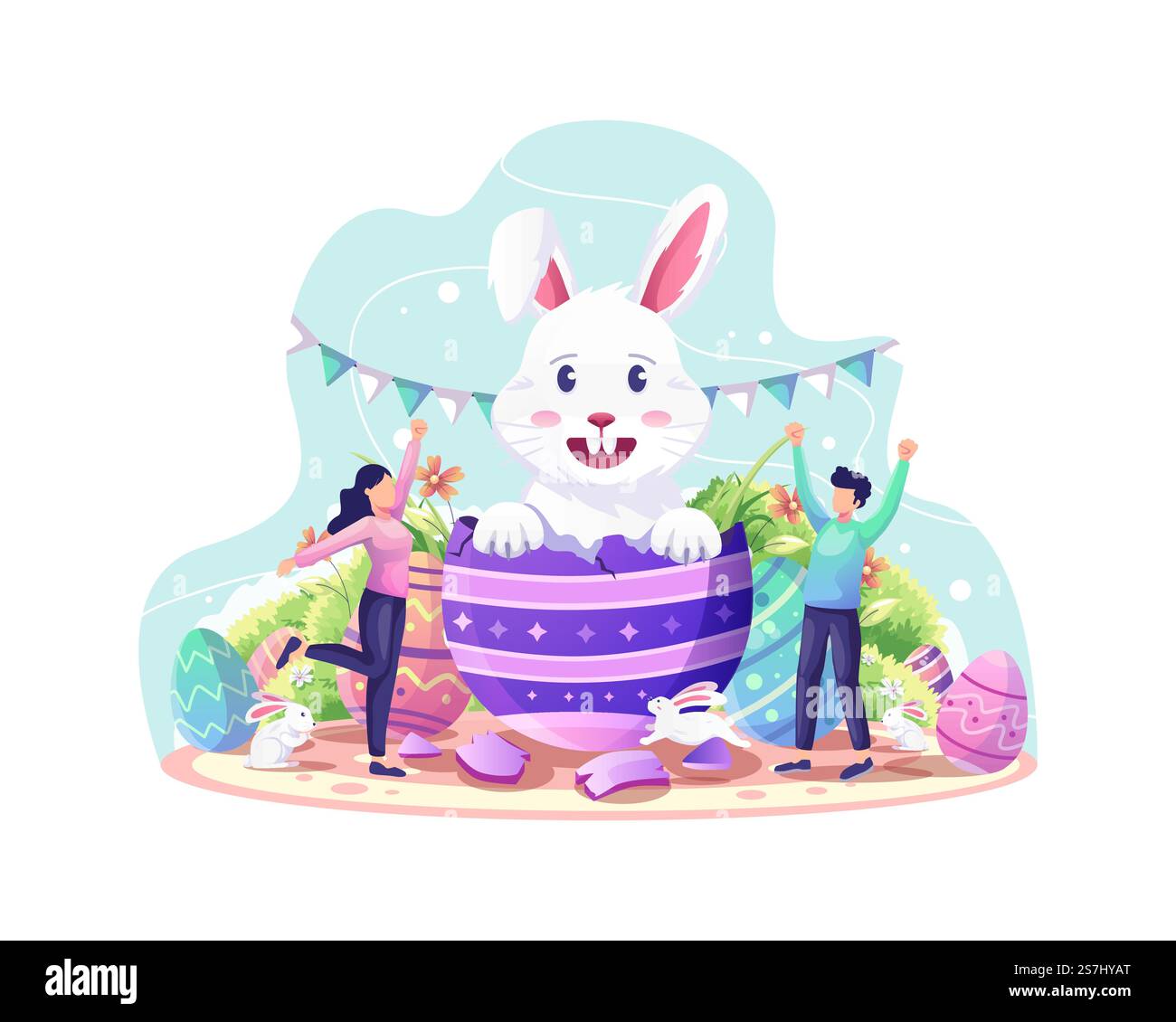 Happy Easter day celebration with a couple welcoming cute rabbit coming ...