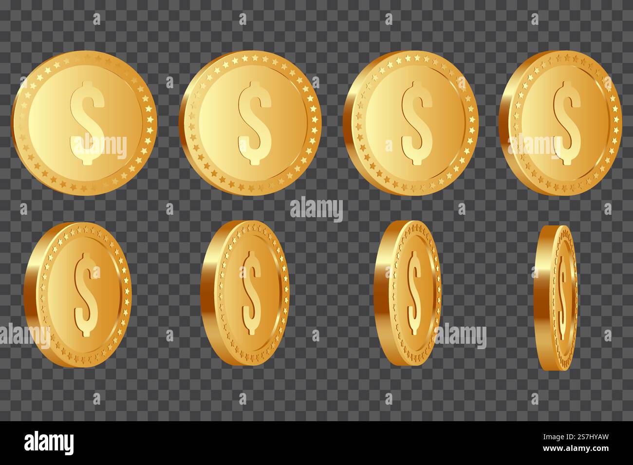Set of 3d realistic golden metallic dollar coins, with rotate 10-80 ...