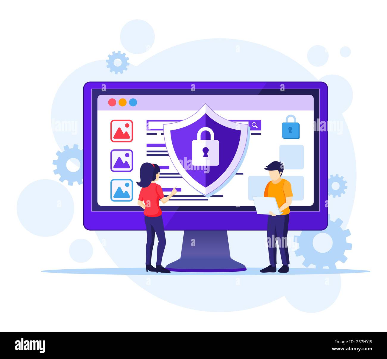 Computer Security concept, People work on screen protecting data and files. Vector illustration ...