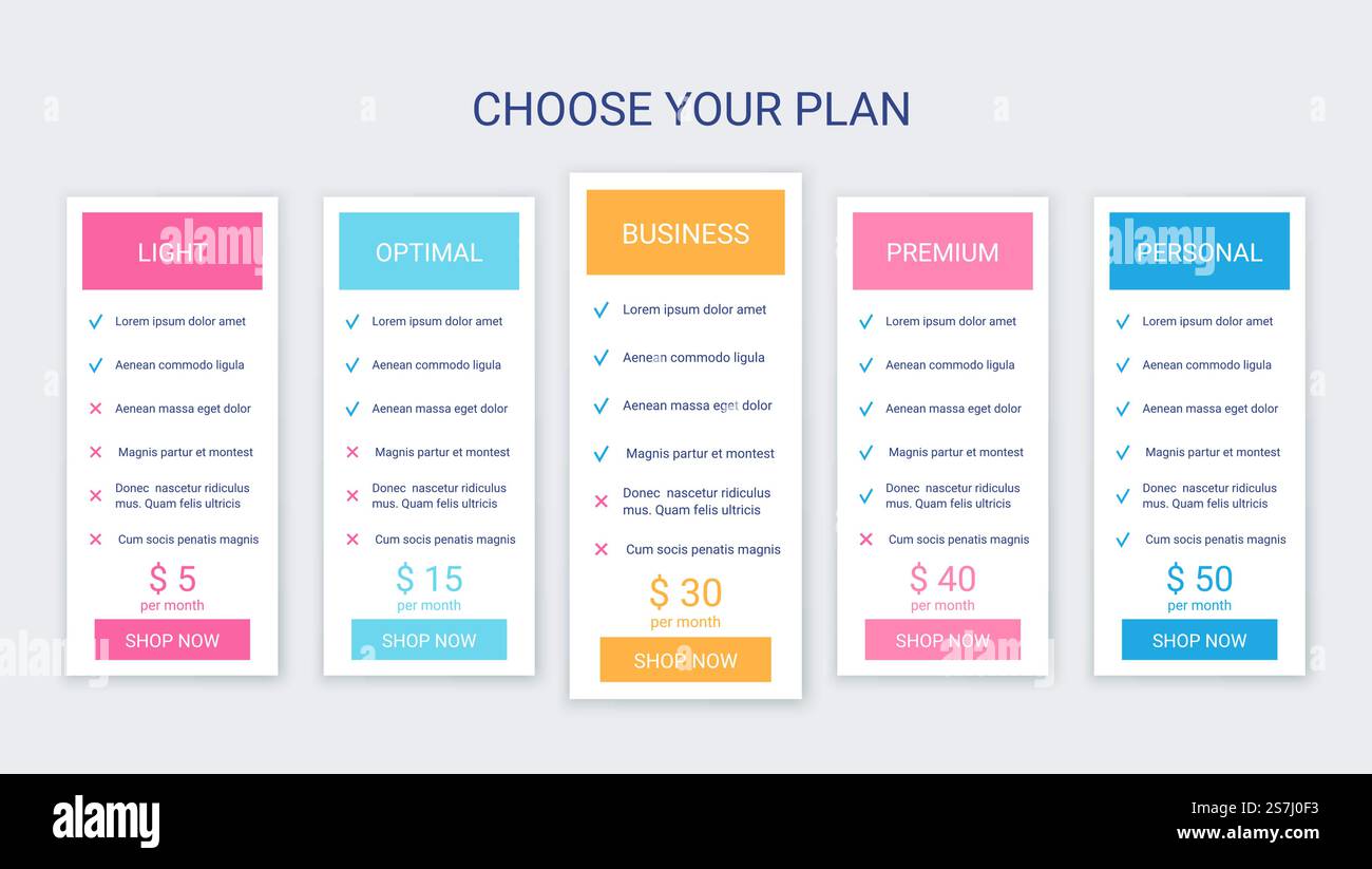 Pricing table template. Price data plans. Comparison chart grid with 5 columns. Price table ...