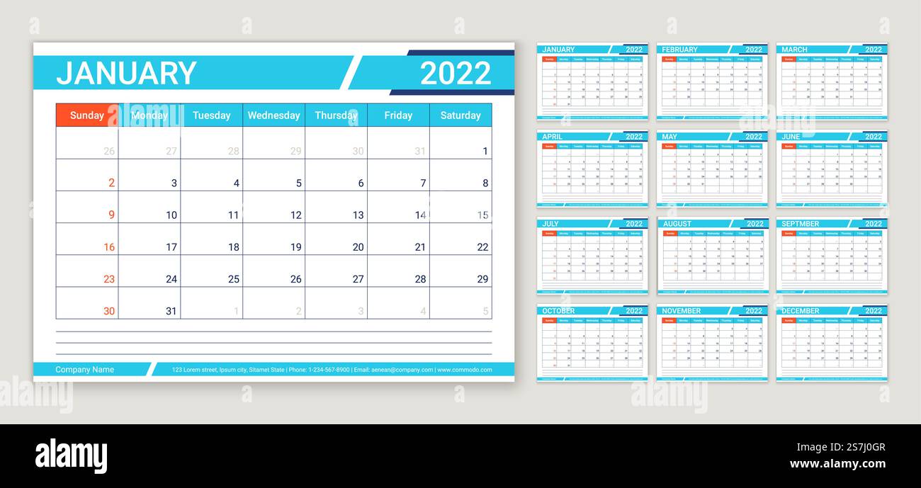Calendar 2022 year. Week starts Sunday. Planner template. Vector ...
