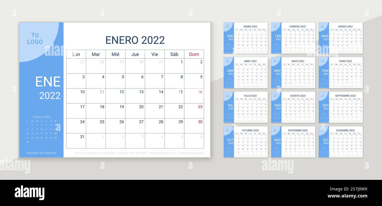 2022 Spanish calendar. Desk planner template. Week starts Monday ...