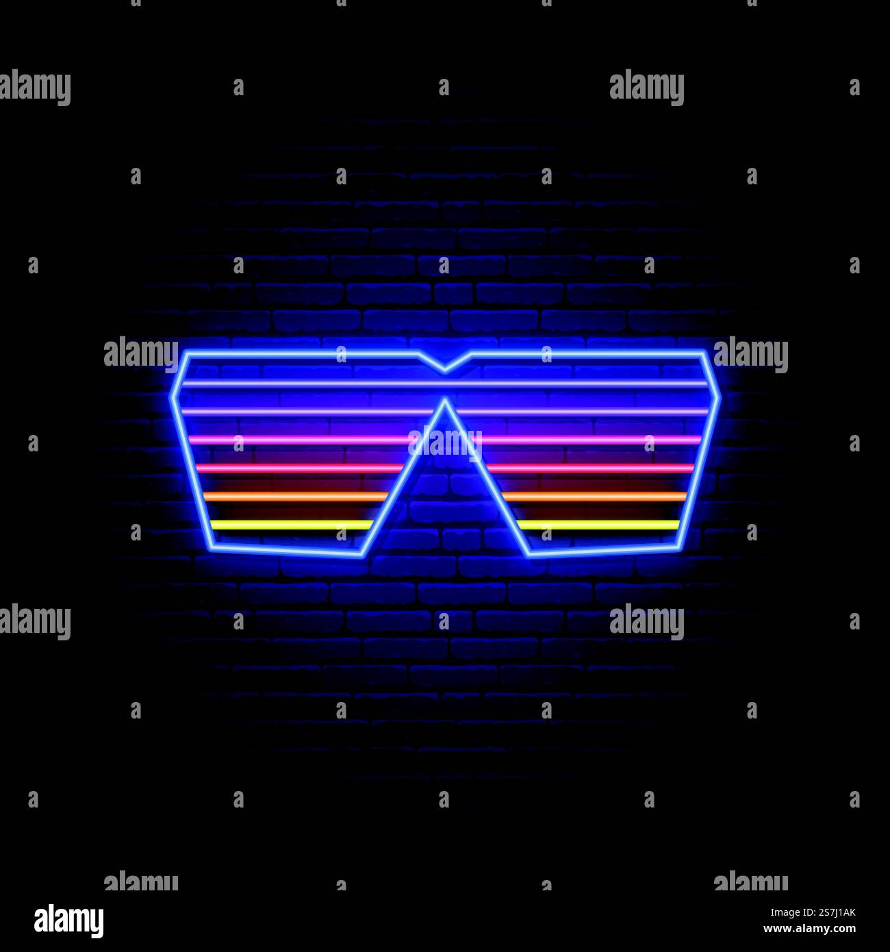 Neon shutter glasses sign. Glowing sunglasses emblem on dark brick wall ...