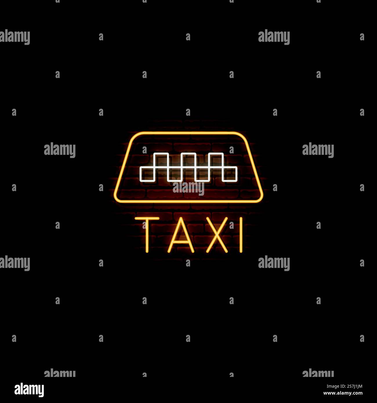 Neon taxi sign. Glowing yellow taxi symbol on brick wall background ...