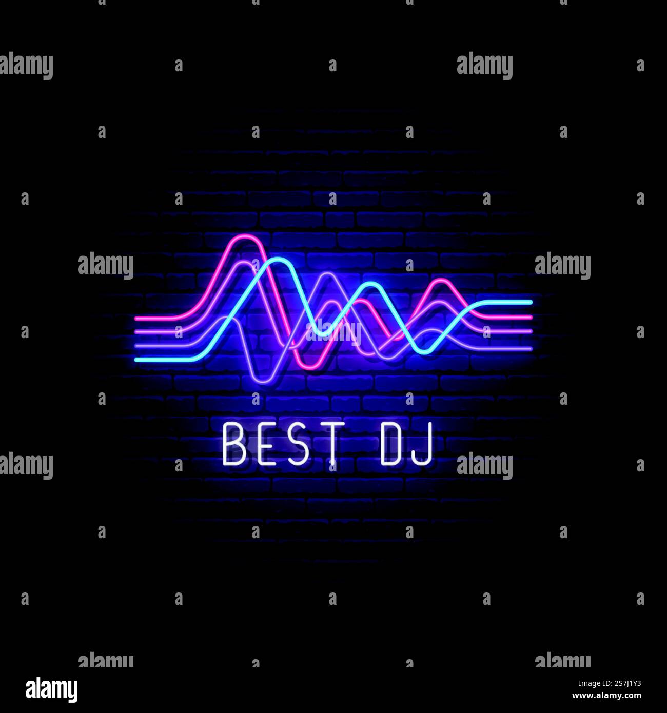 Neon wave sign. Glowing abstract waves and text DJ on brick wall ...