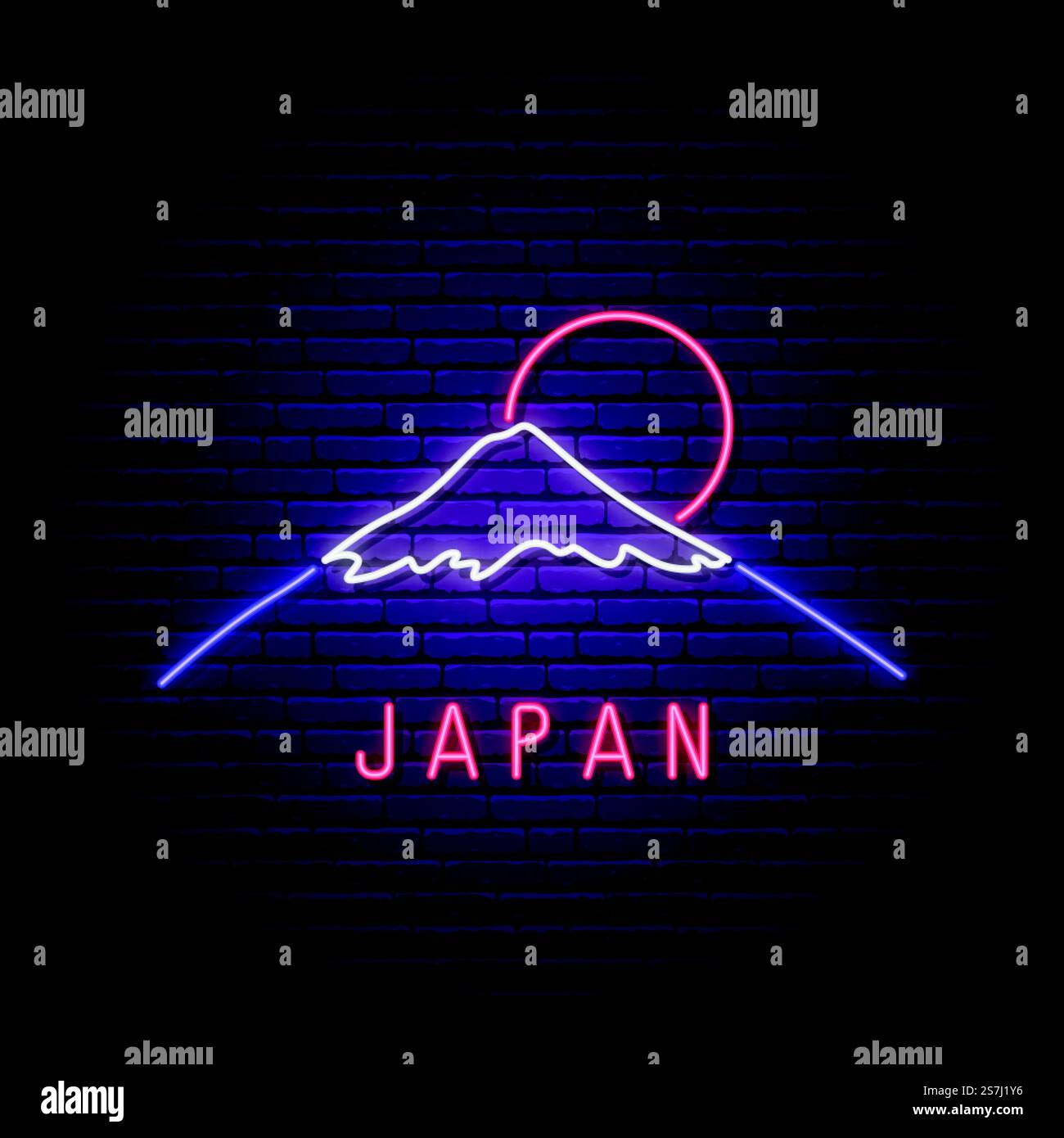 Neon mountain sign. Glowing neon japanese landscape. Sunset in mountains. Vector illustration ...