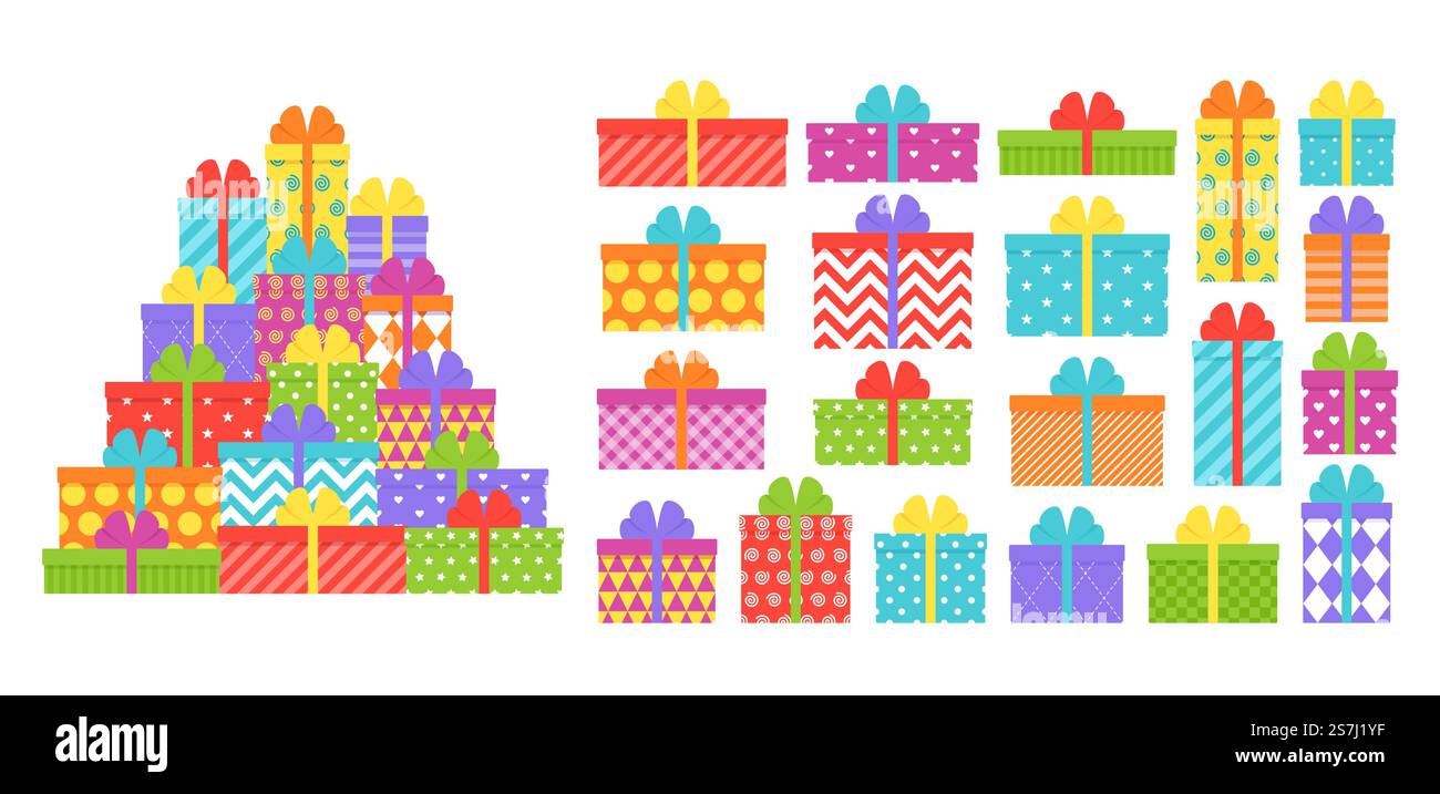 Pile gift boxes. Vector. Christmas, birthday wrapped presents with bows ...