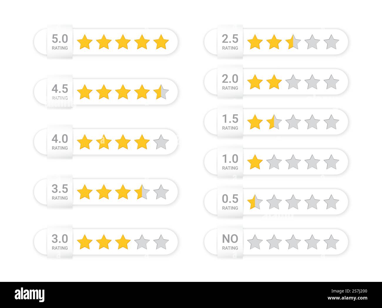 5 star rating. Five review icons. Yellow, gray feedback rate signs ...