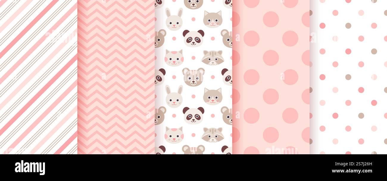 Baby girl pattern. Seamless backgrounds. Pink kids textures Set of cute ...