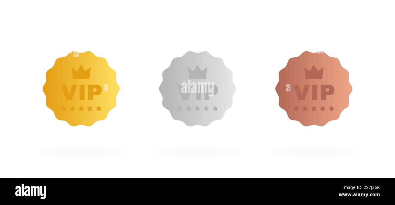 Set VIP badges in gold, silver and bronze color. Round label with three ...