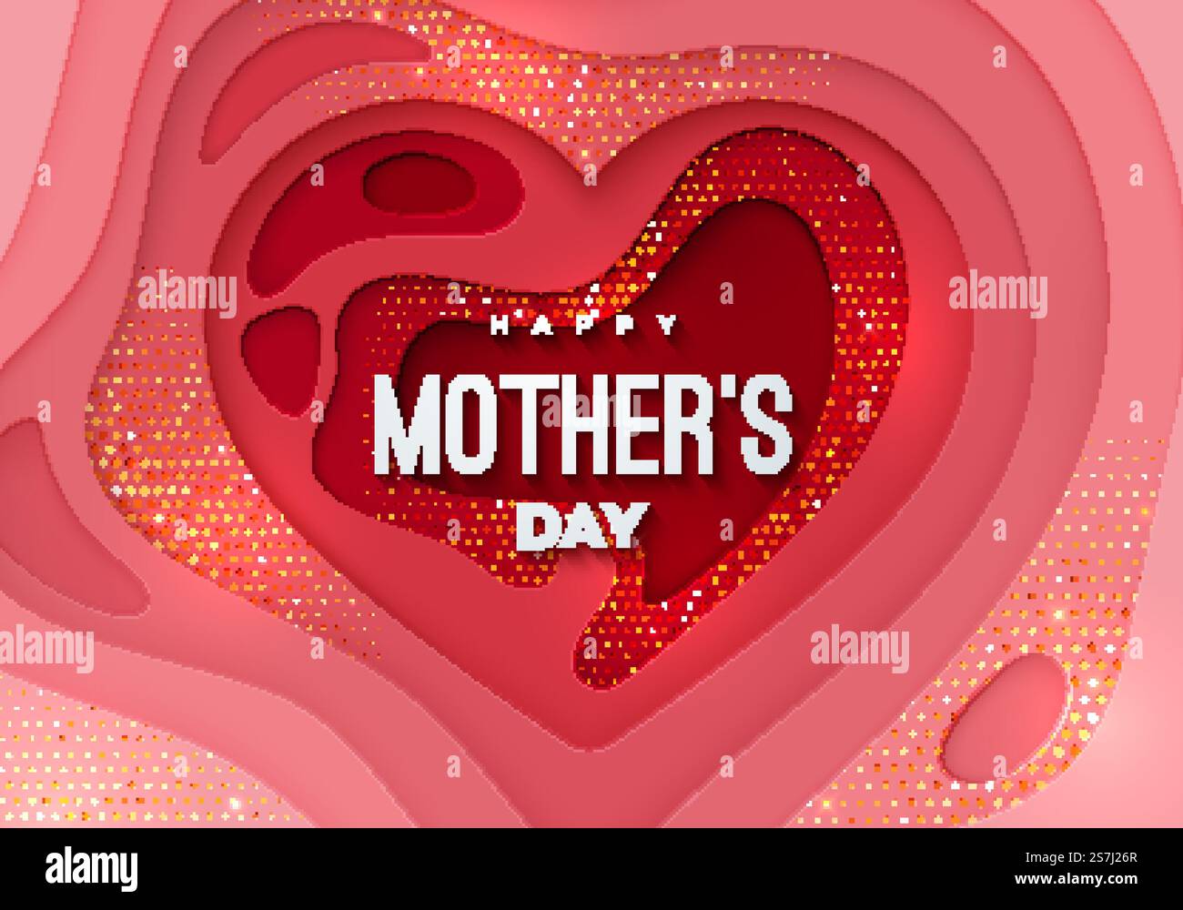 Happy Mothers Day sign on layered paper heart shape textured with ...