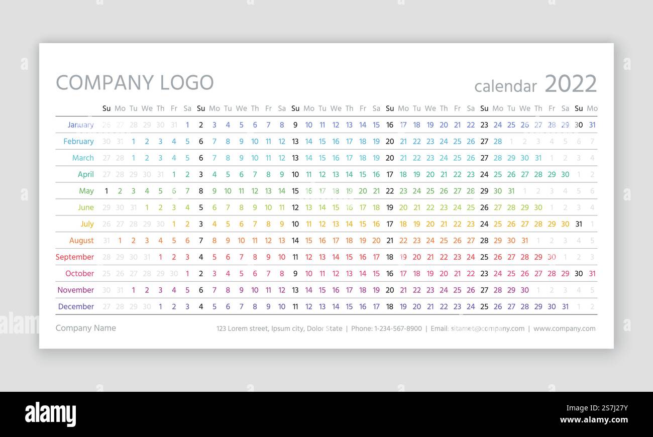 2022 calendar. Linear planner template. Vector. Week starts Sunday ...