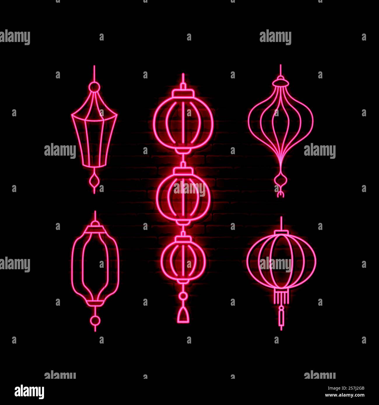 Neon Chinese lanterns set on brick background. Glowing red Chinese ...