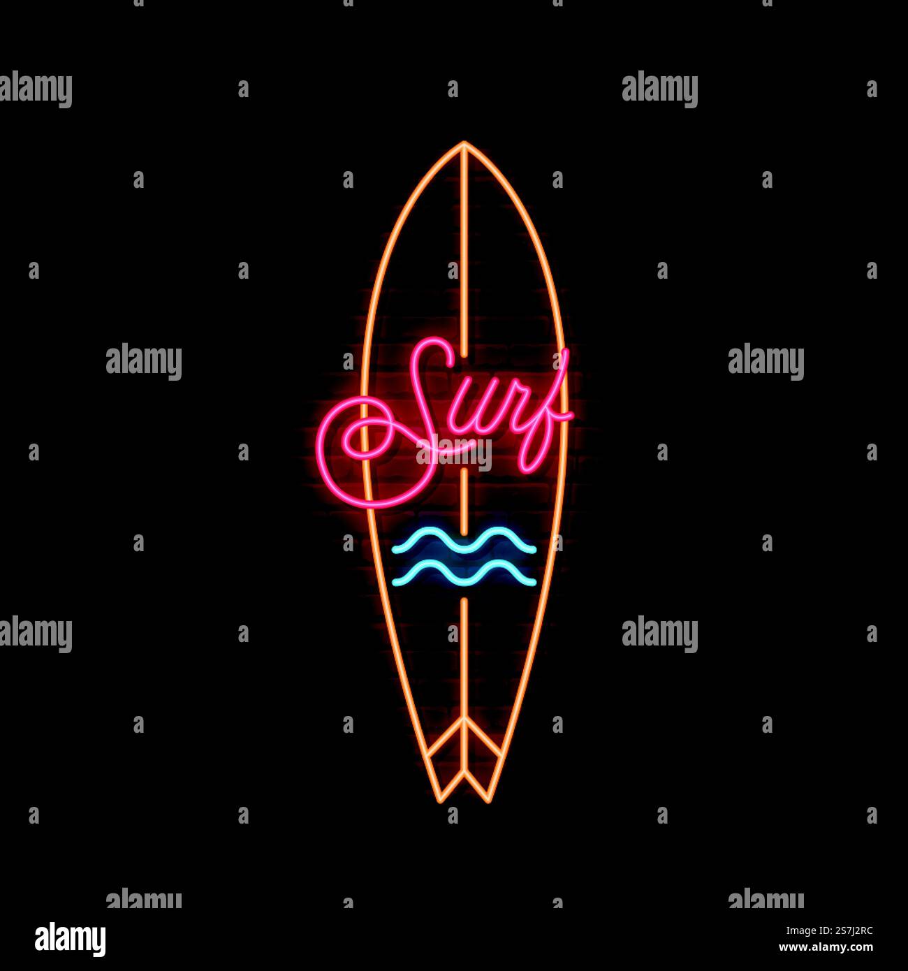 Neon surfboard sign. Glowing surf emblem in retro style. Bright light ...