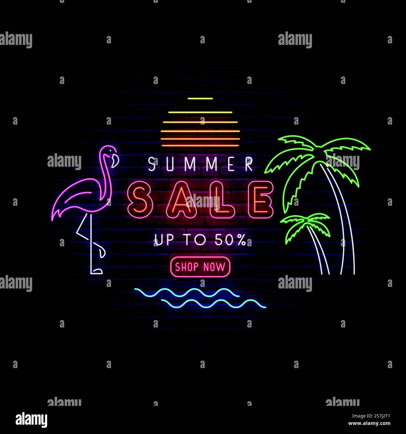 Neon Summer sale signboard. Bright advertising banner with tropical ...