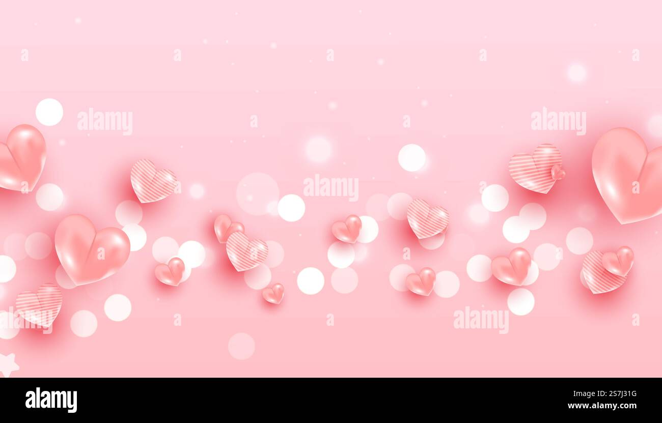 Realistic flying air heart shaped balloon elements and glitter on pink ...