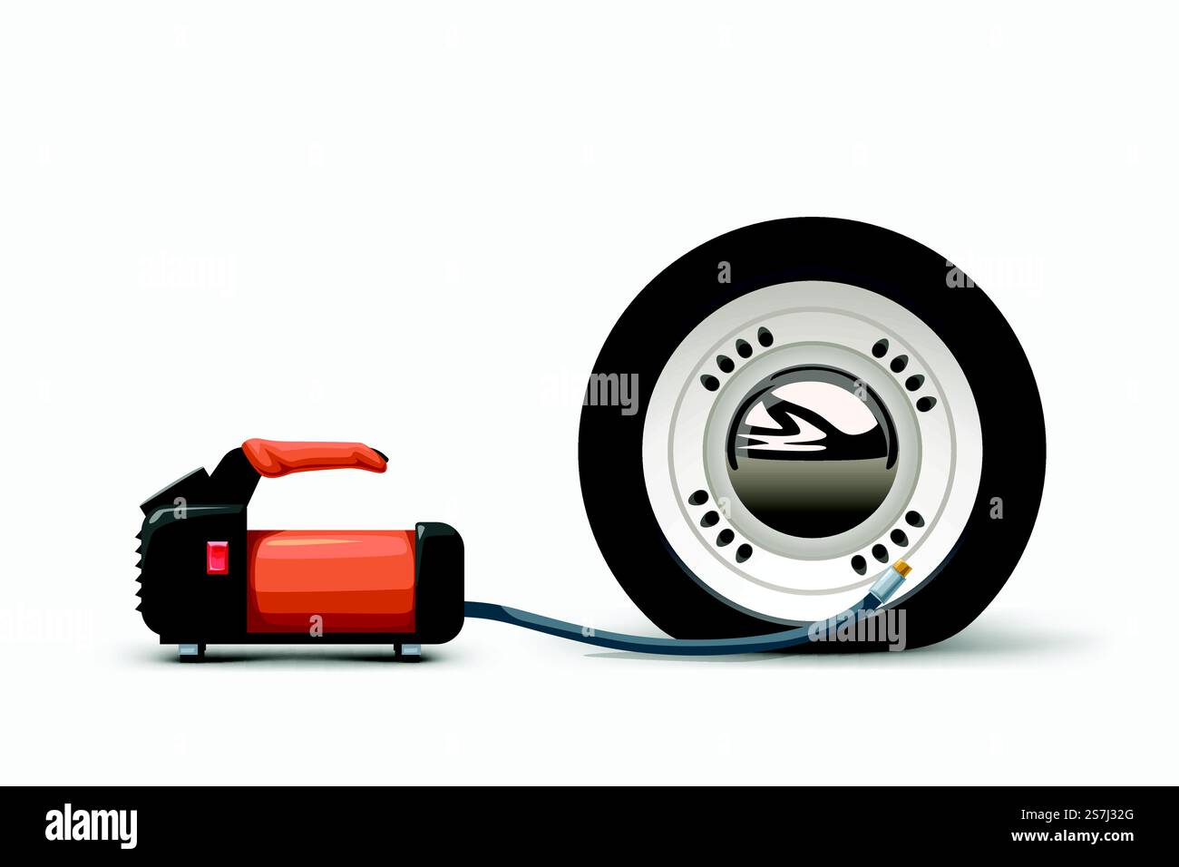 illustration of car air pump inflates flat tire side view on white. air ...