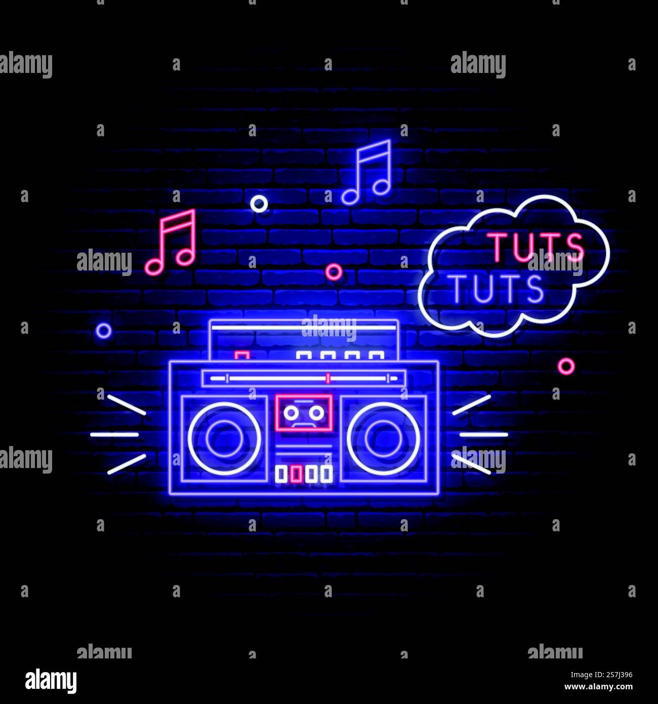 Retro tape recorder neon sign. Glowing neon illustration in trendy 80s ...