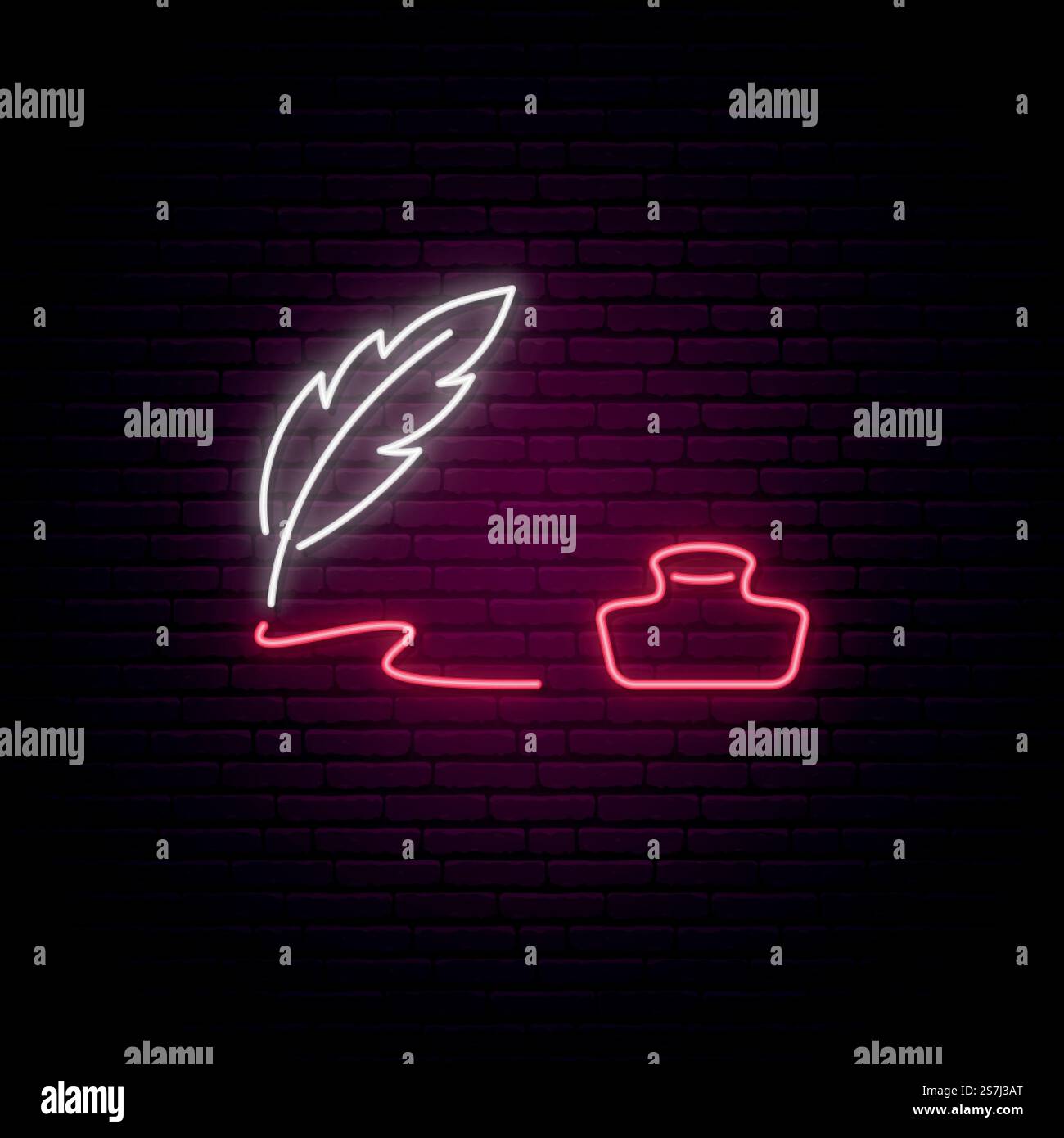 Worl poetry day neon signboard. Glowing feather and ink icons on brick ...