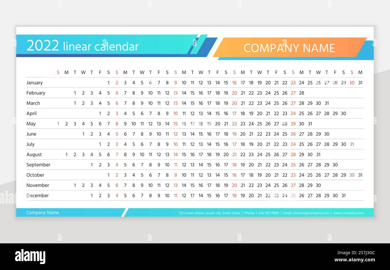 Calendar 2022 year. Linear horizontal planner. Yearly calender template ...