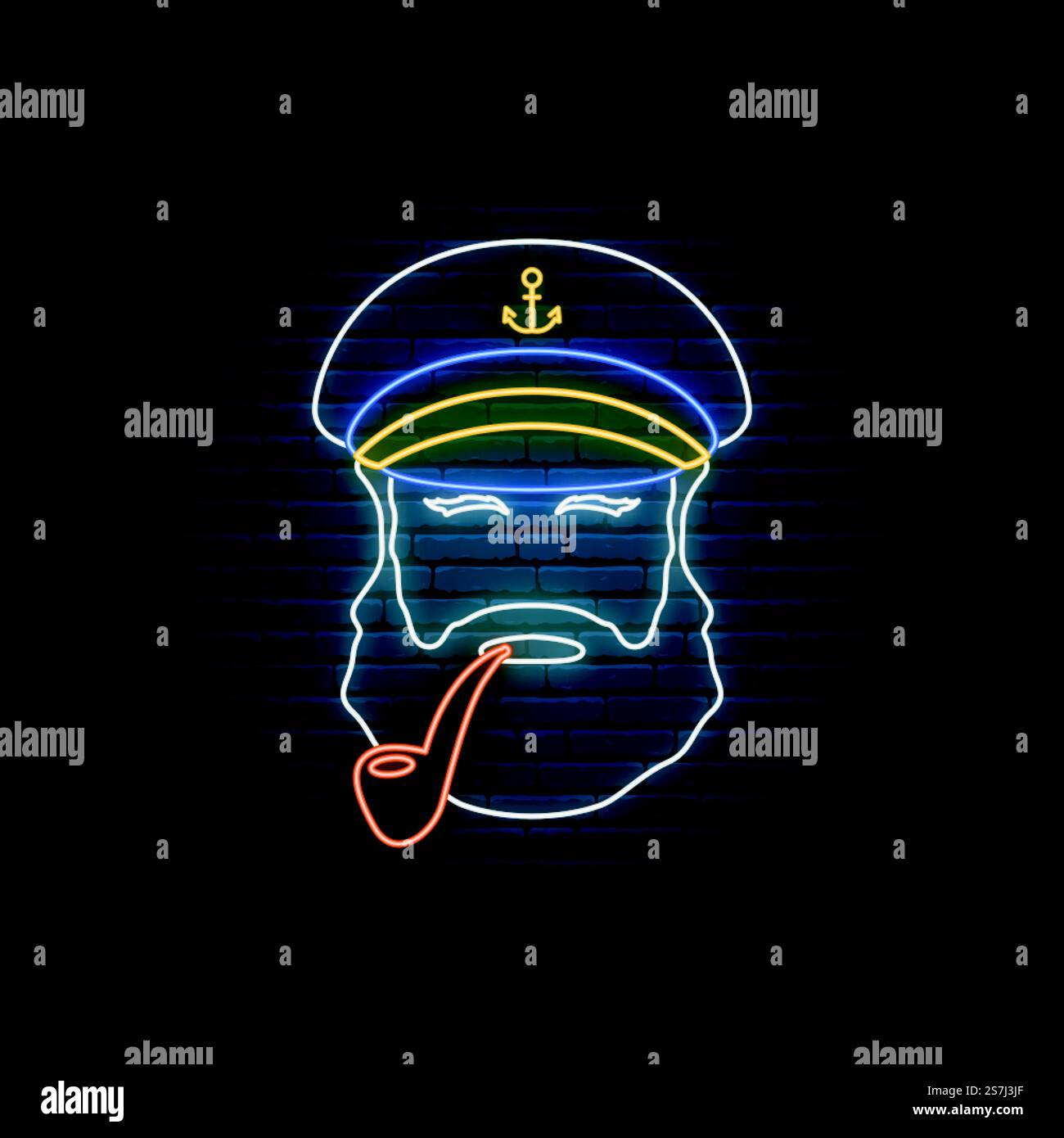 Neon old sailor captain with tobacco pipe. Hipster sailor man. Bright ...