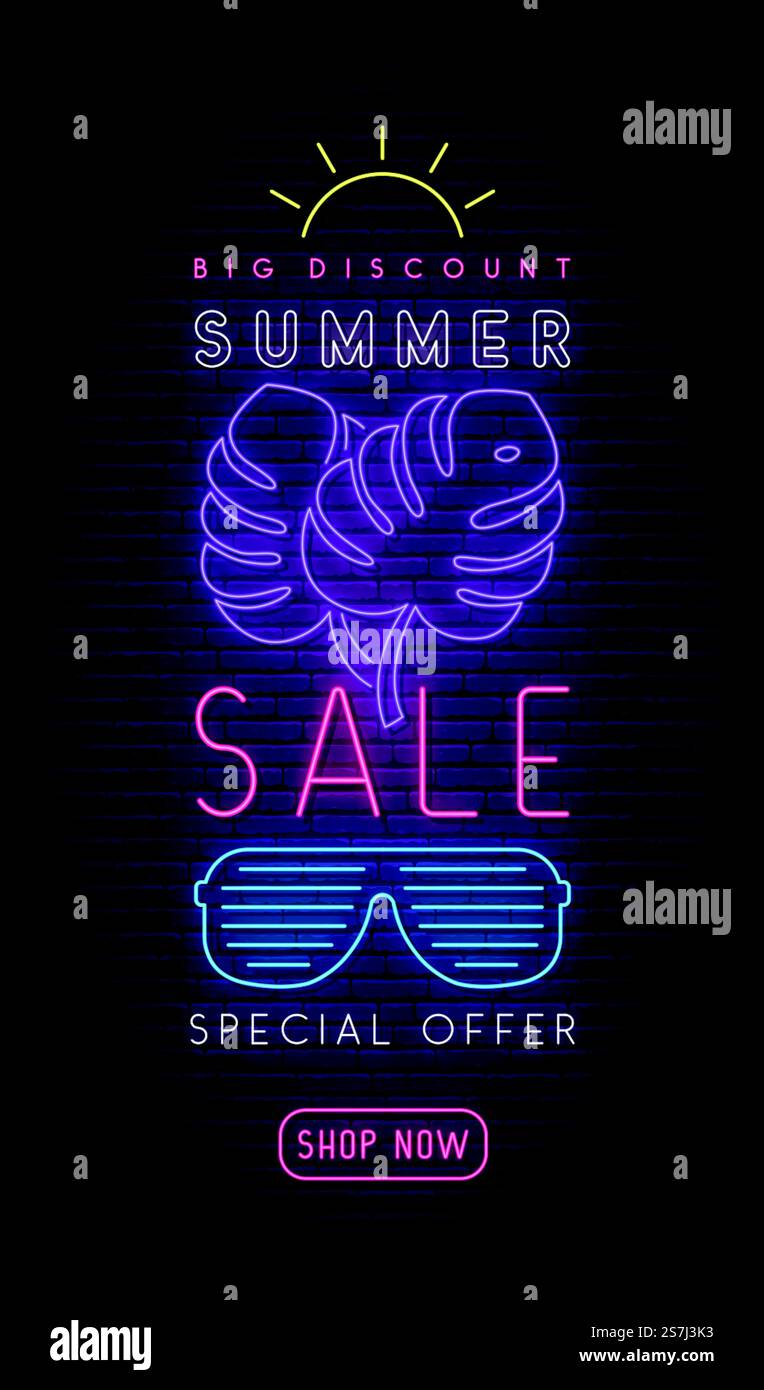 Neon Summer Sale signboard. Bright advertising banner in neon style ...