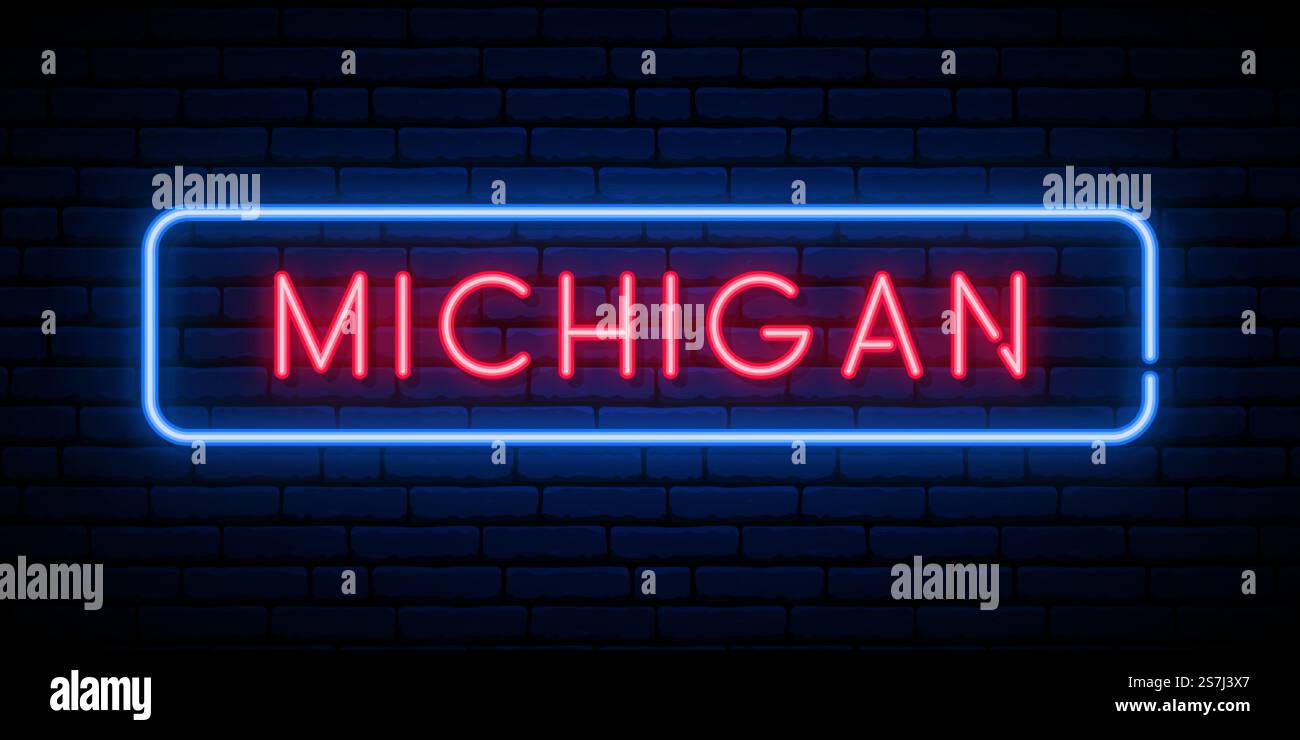 Michigan neon signboard. Glowing banner. Stock vector illustration ...