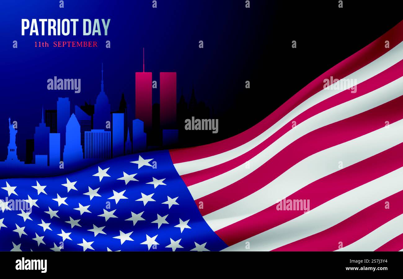 Vector banner design template with american flag and New York skyline for Patriot Day ...