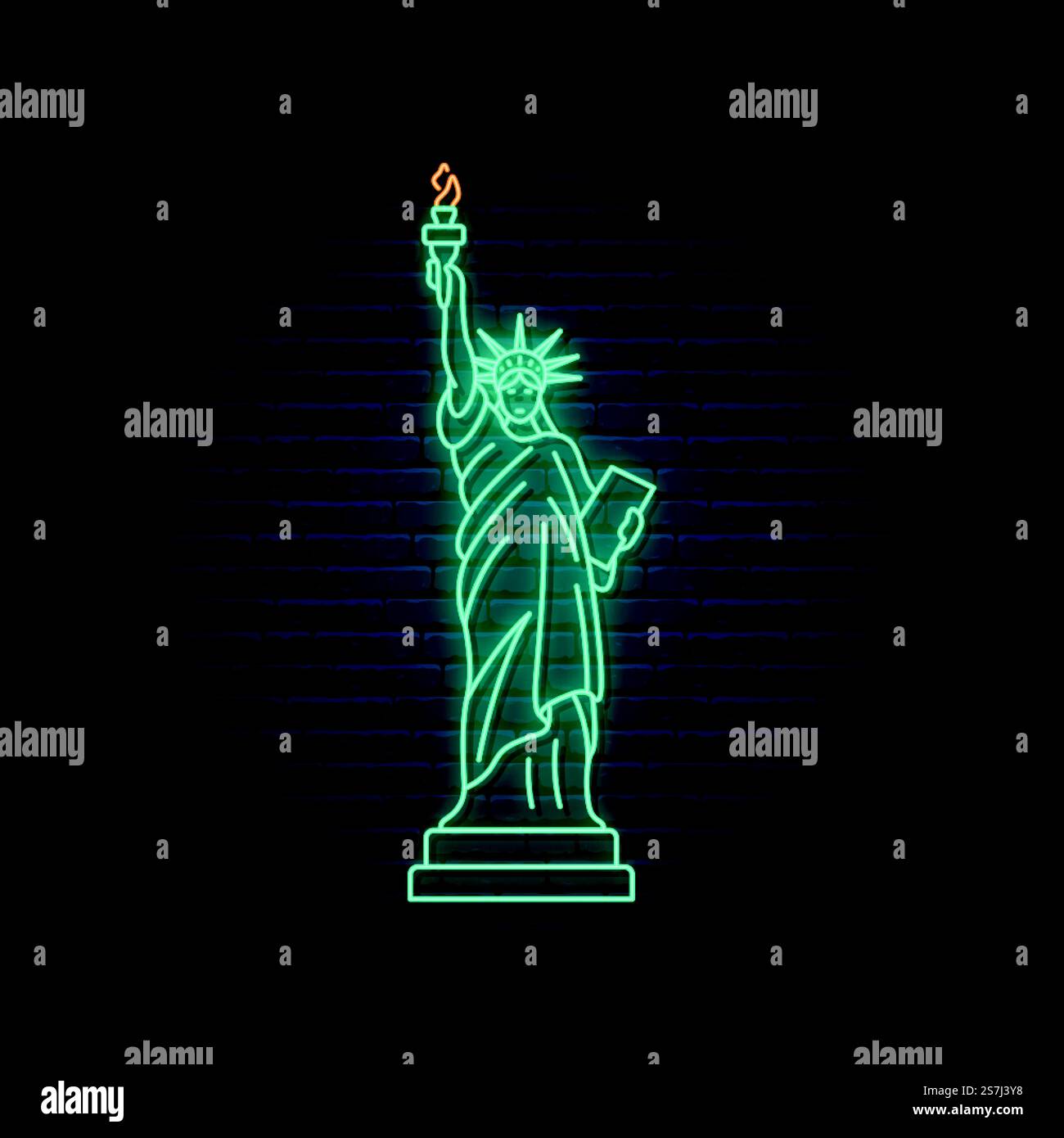 Neon Statue of Liberty, famous New York landmark. Glowing Statue of ...