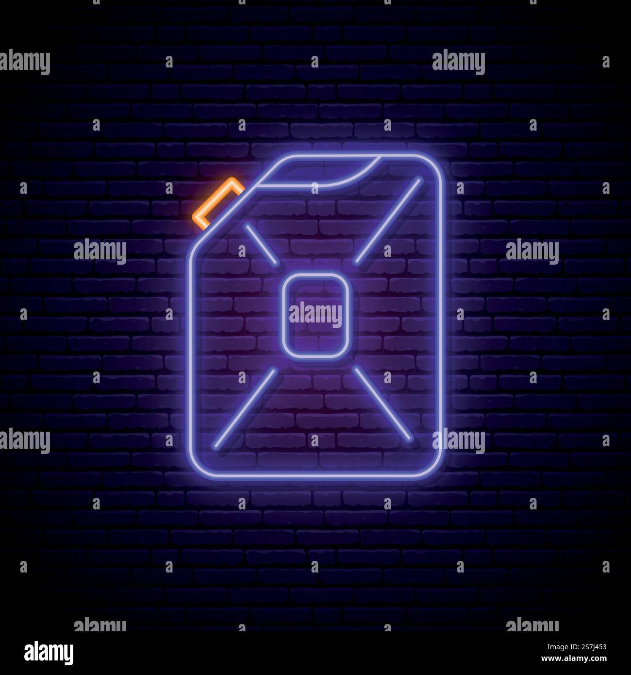 Gas can neon sign. Glowing gas can symbol on dark brick wall background ...