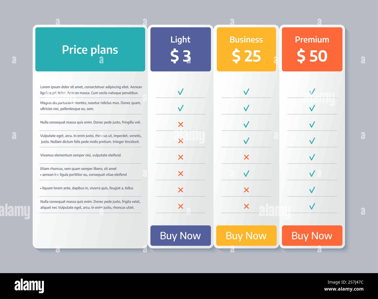 Price table template. Vector. Comparison plan chart. Set pricing data ...