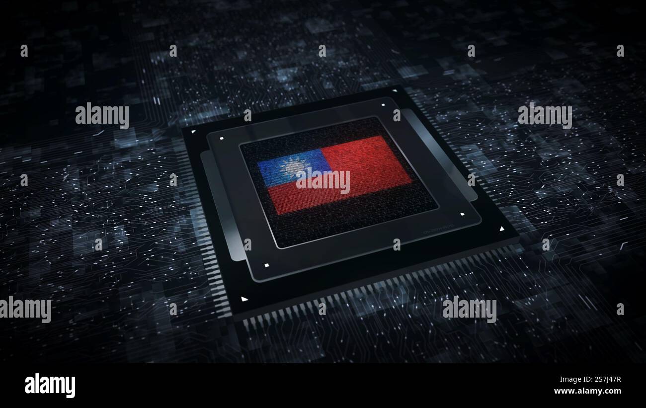 Taiwan digital technology flag cyber on on computer CPU in background ...