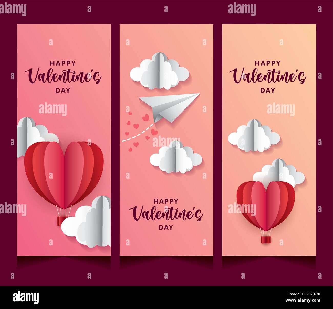 valentines day banners with hot balloons in the sky and paper plane ...