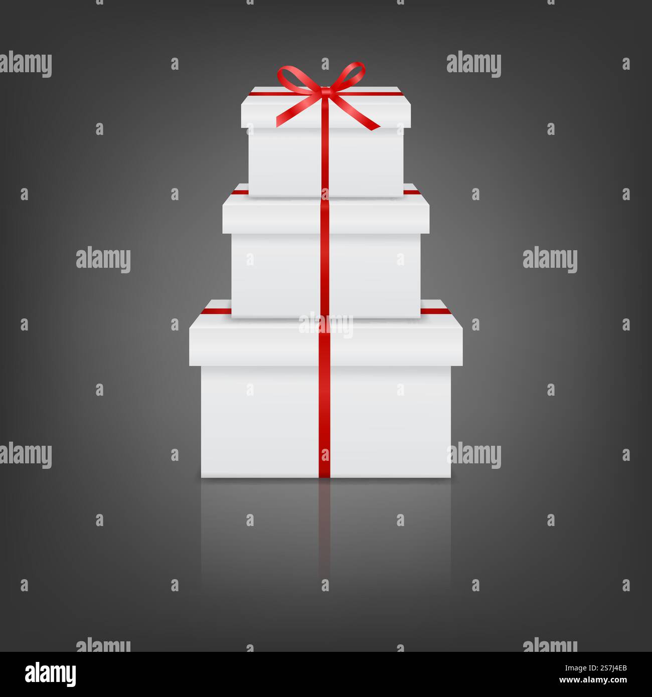 Stack of three realistic white gift boxes with red ribbon and bow on ...