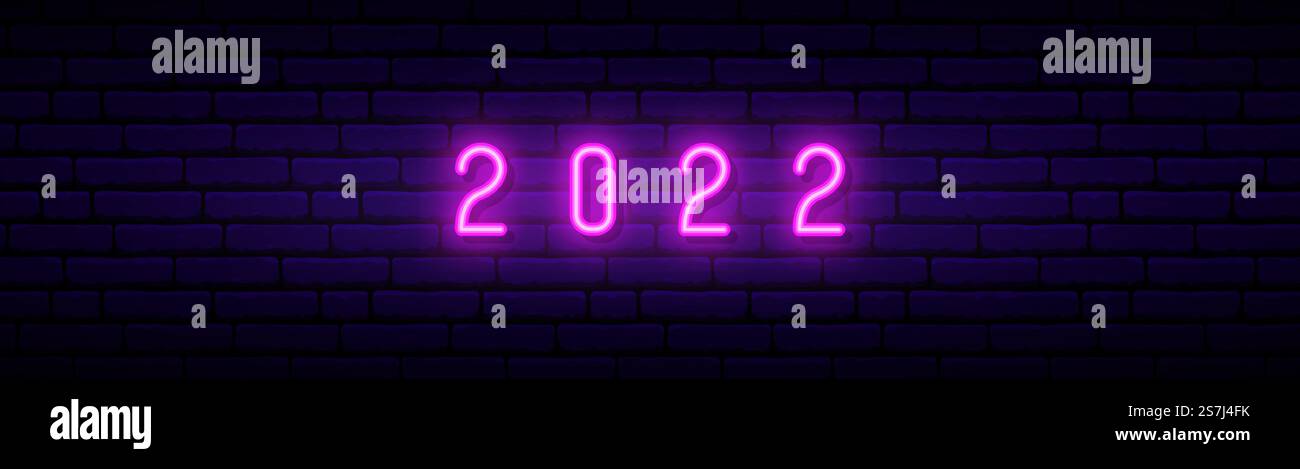2022 neon sign. Glowing pink number 2022 on dark brick wall background ...