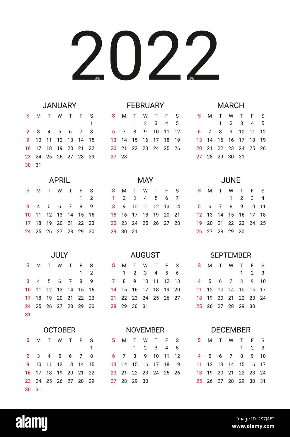 Calendar 2022 year. Week starts Sunday. Pocket calender layout. Yearly ...