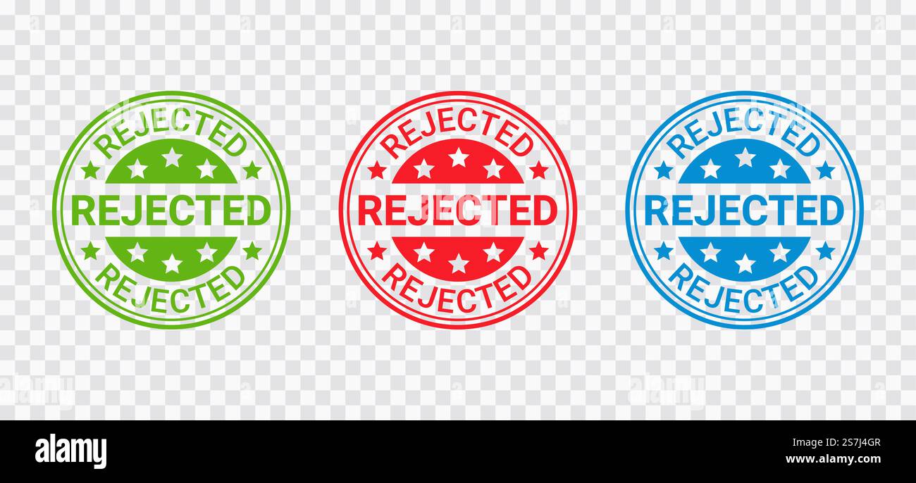 Rejected stamp. Denied permit badge, label. Round sticker reject. Red ...